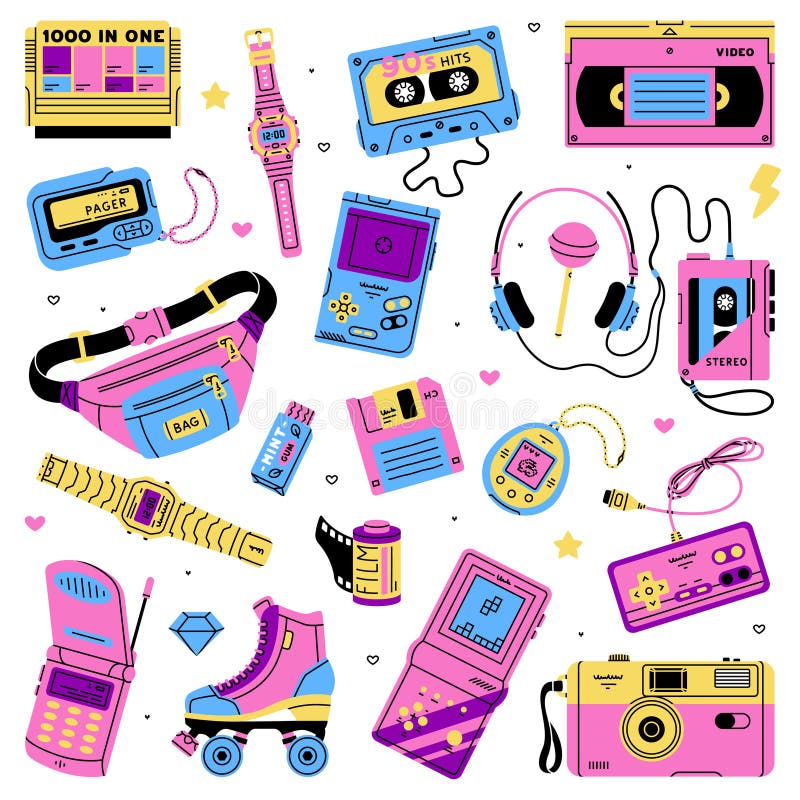 Bright Items from Nineties in Purple Vector Set Stock Photo - Image of ...