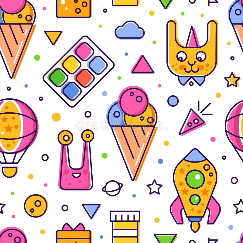 Bright Kids Design with Line Colorful Icons Vector Seamless Pattern ...