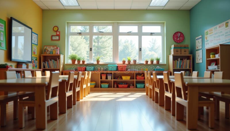 Bright Kindergarten Classroom with Learning Stations, Educational ...