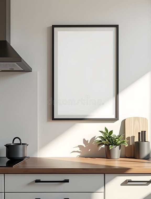 Bright Kitchen with a Blank Frame and Fresh Plants on the Counter Stock ...