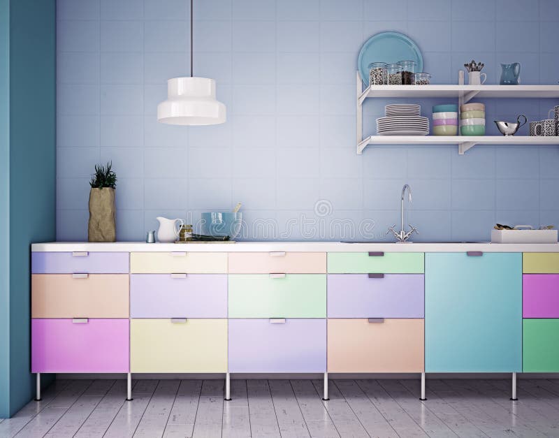 Bright Kitchen with Colorful Shelves Stock Illustration - Illustration ...