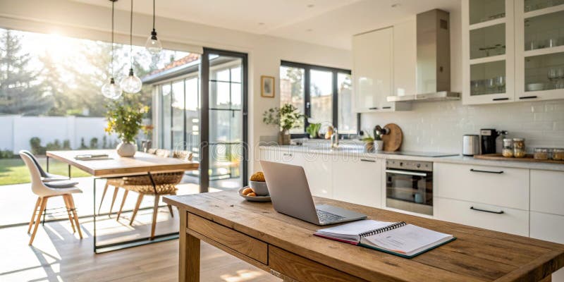 Bright Kitchen with Desk for Objects and Modern Design Stock Image ...