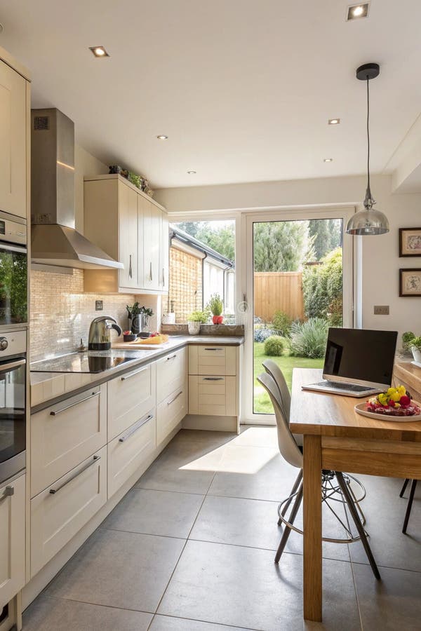 Bright Kitchen with Desk for Objects and Modern Design Stock Photo ...