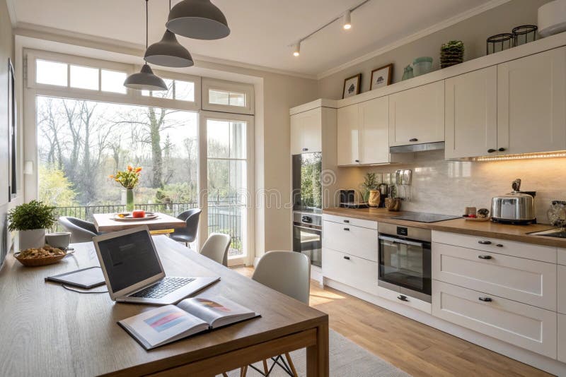 Bright Kitchen Background with Desk for Objects Stock Illustration - Illustration of ...