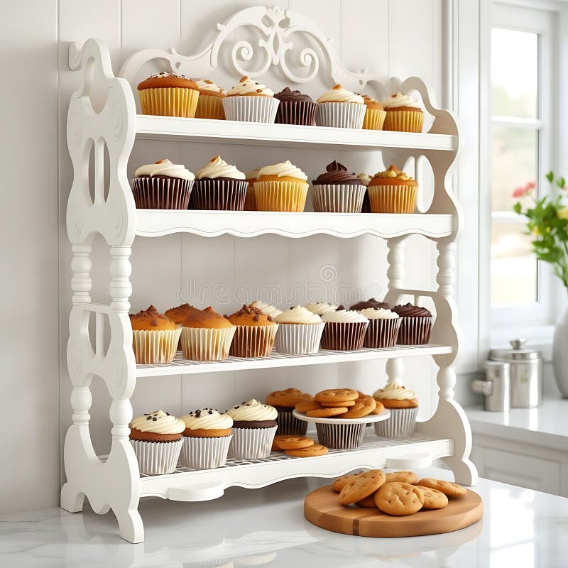 A Bright Kitchen with an Elegant White Bakers Rack Featuring Rows of ...