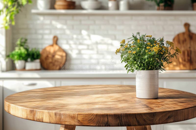 Bright Kitchen with Empty Round Wooden Tabletop Ready for Product ...