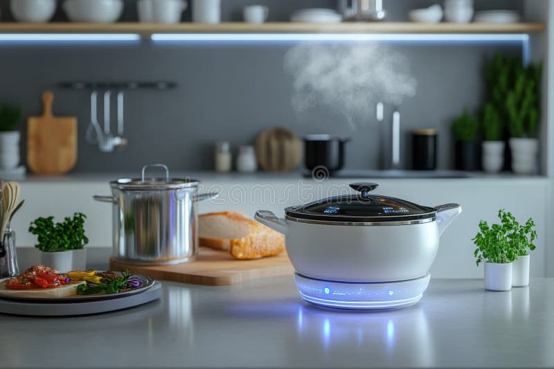 Modern Kitchen with Cooking Pot and Fresh Ingredients on Countertop in ...