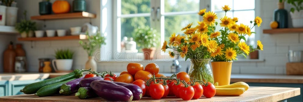 Bright Kitchen: Fresh Vegetables and Flowers in Sunny Interior Scene ...