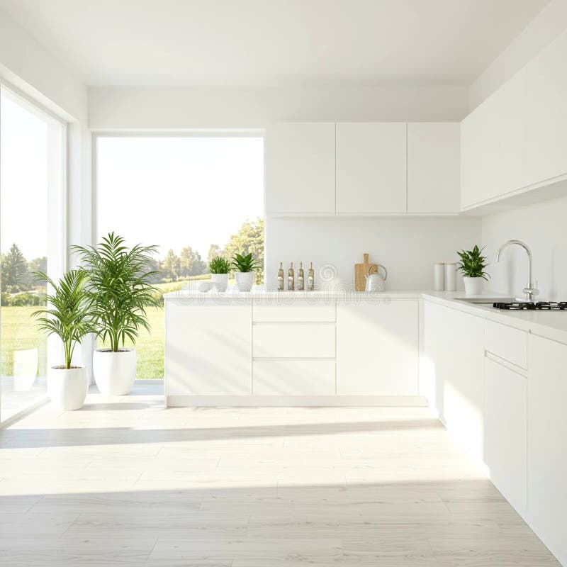 Bright Kitchen with Full-Height Windows and Garden View Stock ...