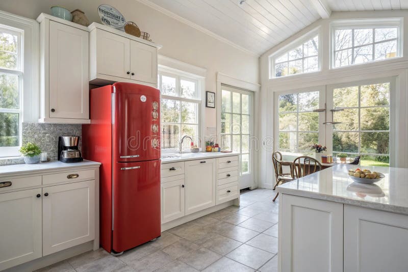 Interior of Light Kitchen with Red Fridge and Counters Stock ...