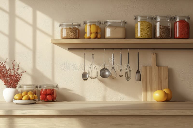 Bright Kitchen Interior with Utensils and Fresh Products Stock Photo ...