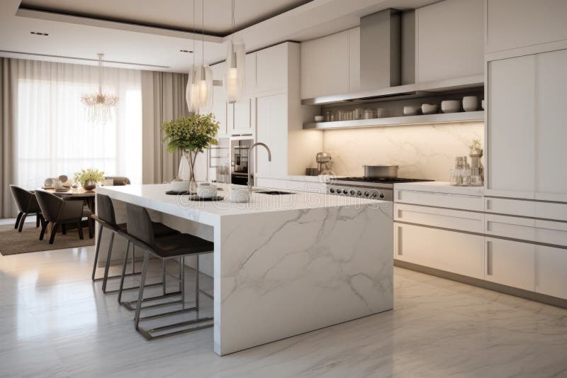 Bright Kitchen Interior with White Counter and Carpet AI Generated ...