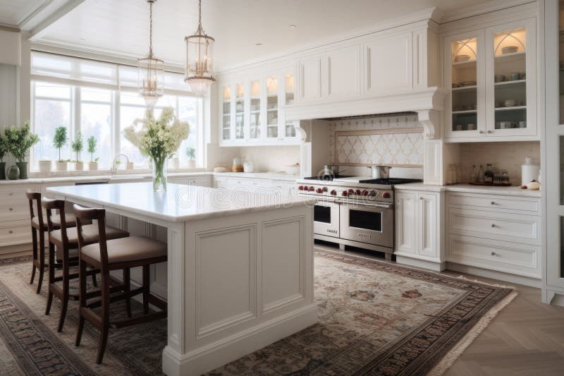 Bright Kitchen Interior with White Counter and Carpet AI Generated ...