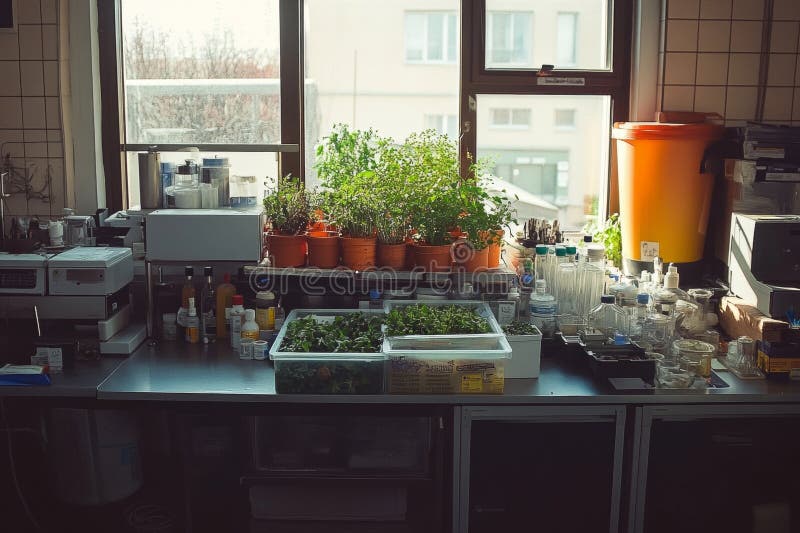 A Bright Kitchen Laboratory Filled with Plants and Scientific Equipment ...