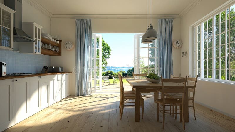 Bright Kitchen with Ocean View. Home Interior Design Concept Stock ...