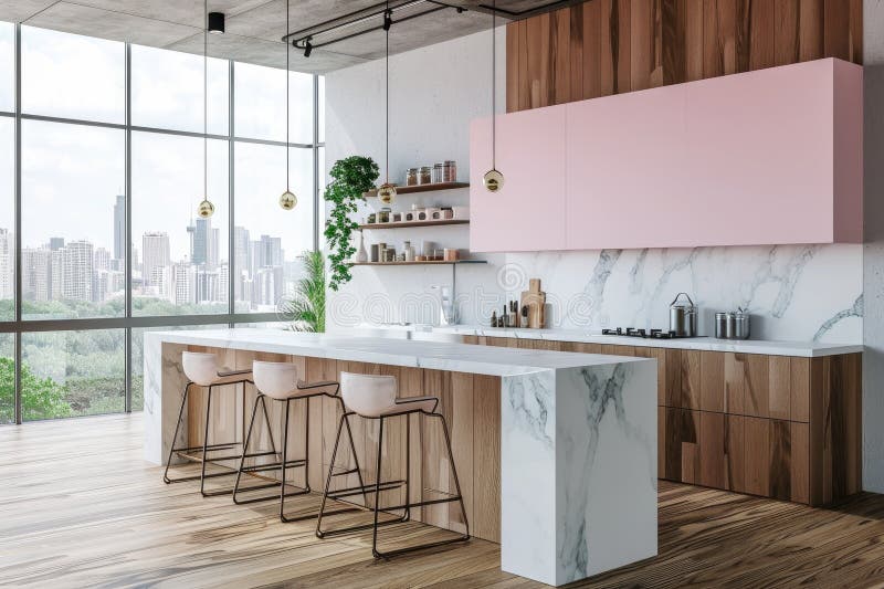 Bright Kitchen with Pink Cabinets and Marble Countertop Stock Image ...