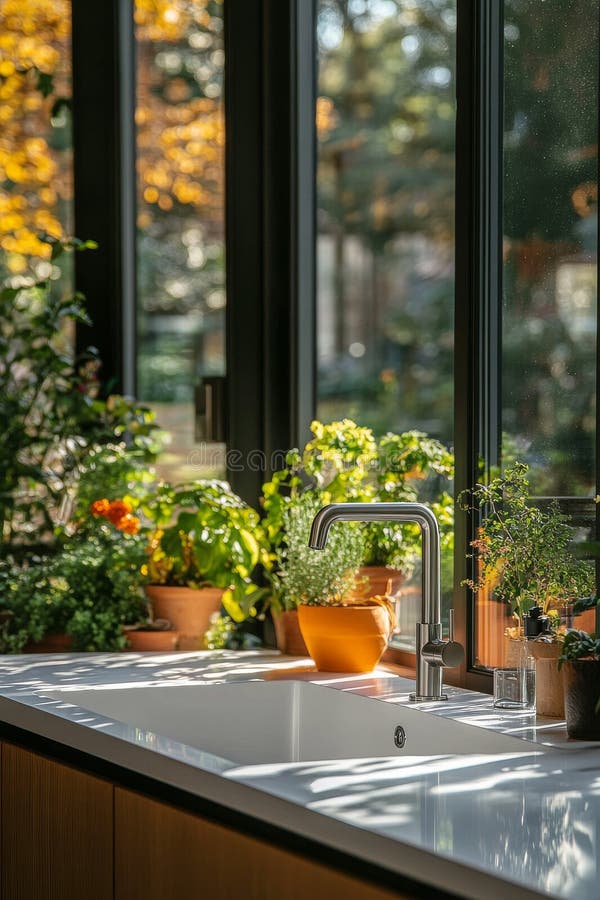 A Bright Kitchen with Plants by the Sink in a Sunny Setting during the ...