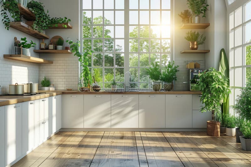 Bright Kitchen with Plants, Sunlight, and Minimalist Design, Merging ...