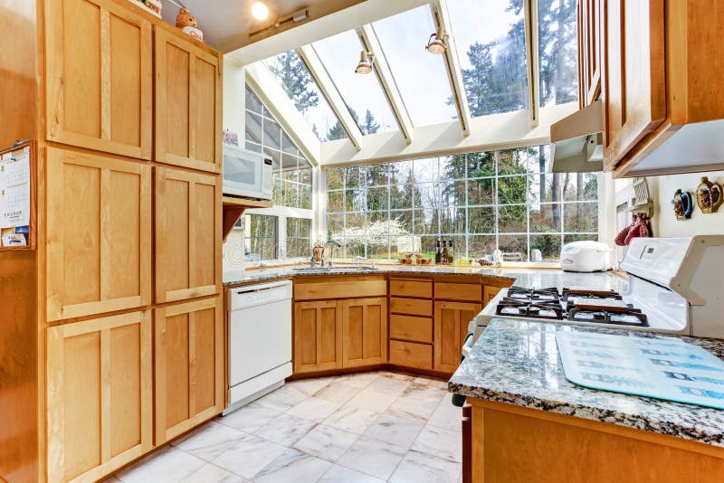 Bright Kitchen Room with Glass Wall and Ceiling Stock Photo - Image of ...