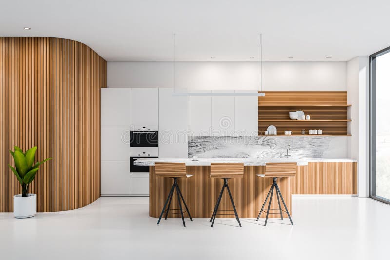 Bright Kitchen Room Interior with Double Oven, Dining Table, Window ...