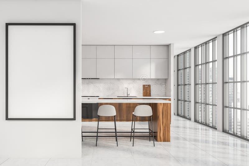 Bright Kitchen Room Interior with White Empty Poster Stock Illustration ...