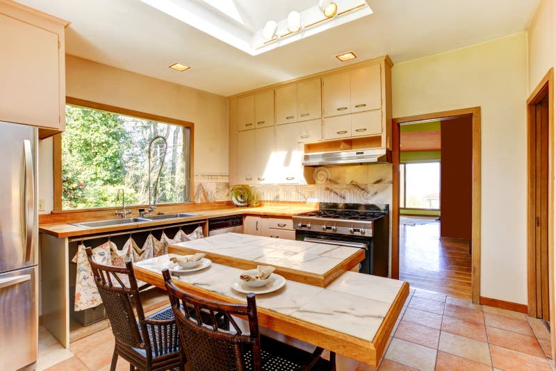 Bright Kitchen Room with Cherry Wood Storage Combination Stock Image ...
