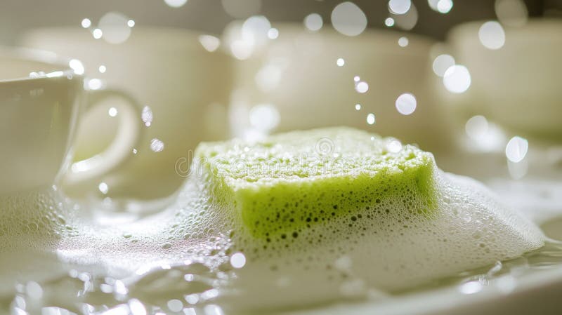 Cleaning Process with Soap Bubbles and Sponge Near Cups in a Bright ...