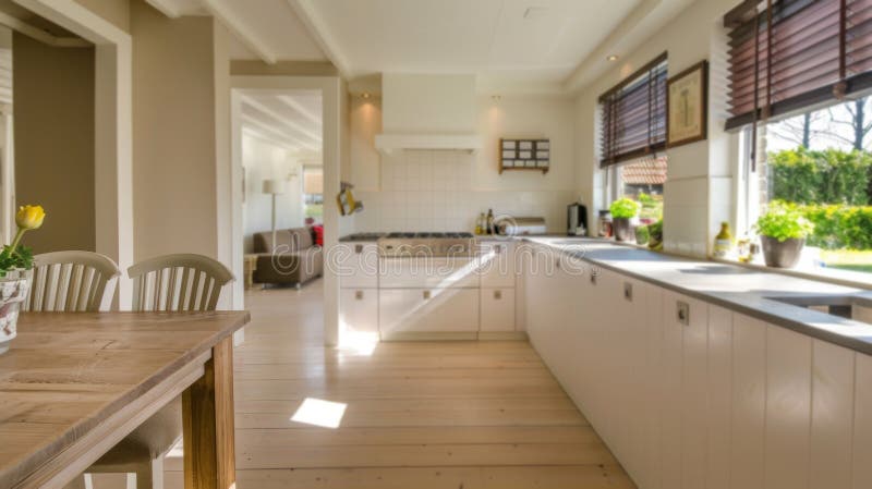 Bright Kitchen with White Cabinets and Wooden Dining Table Stock Illustration - Illustration of ...