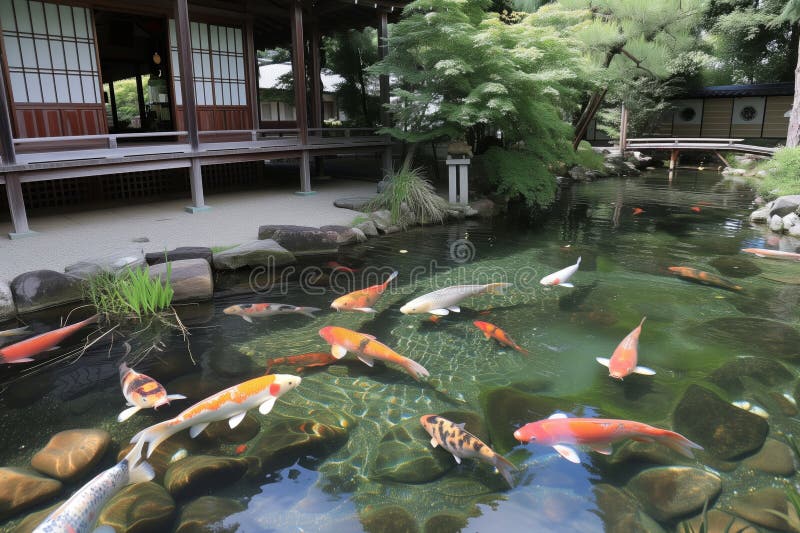 Bright Koi Fish in a Newly Restored Temple Pond with Clear Water Stock ...