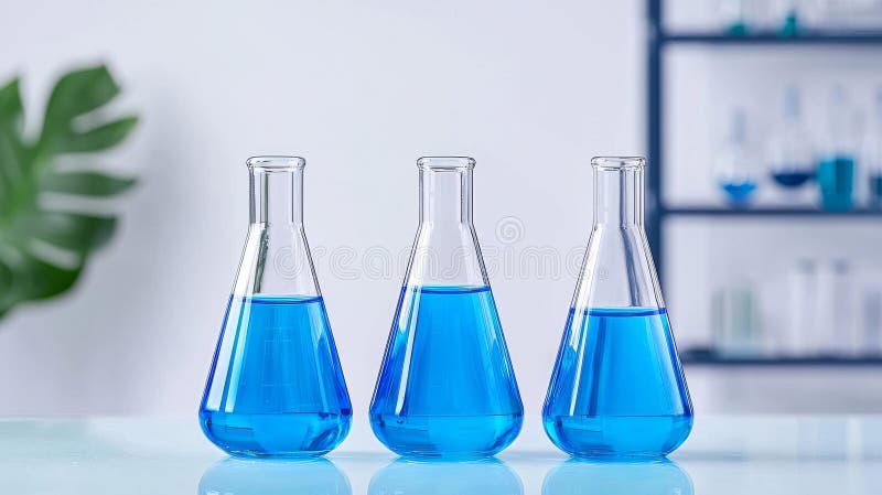 Bright Lab Beakers Filled with Blue Fluid on a Shiny Surface in a Well ...