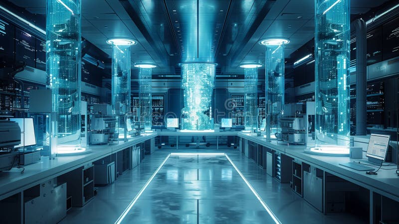Futuristic Lab Interior with AI and Human Scientists Stock Illustration ...