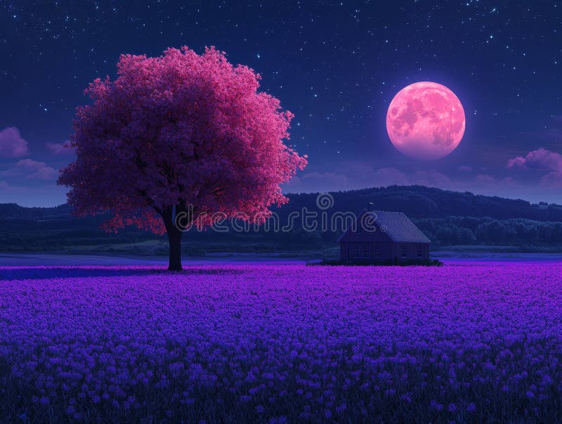 Bright Landscape with Pink Flowers and a Mountain Village Stock Photo ...