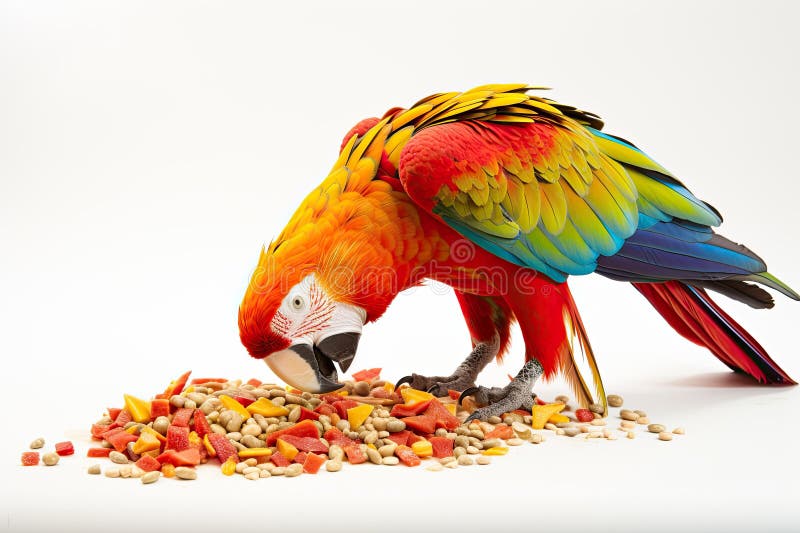 A Bright Large Multi-colored Macaw Parrot Eats Bird Food, Grain on a ...
