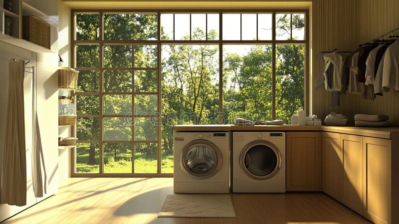 Bright Laundry Room with Large Window and Green View Stock Illustration ...