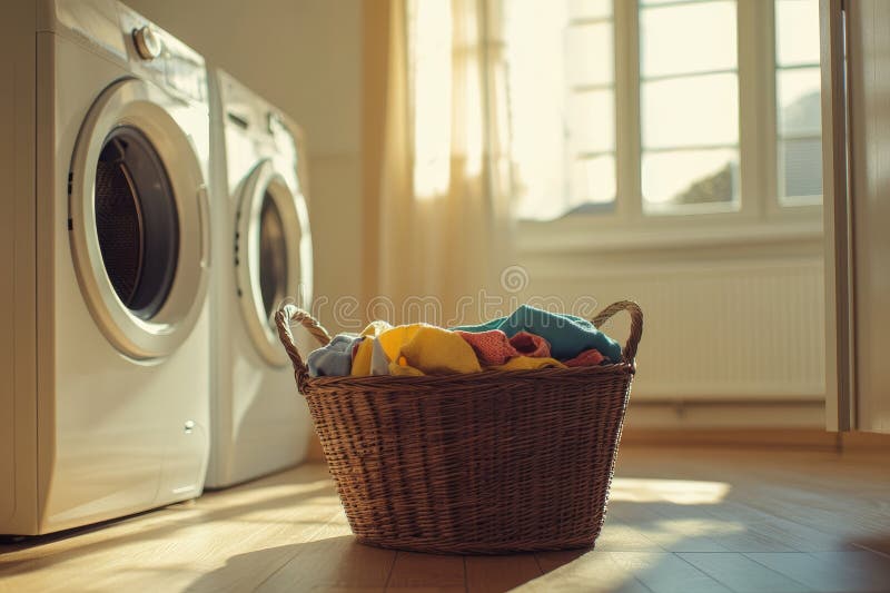 Bright Laundry Scene Colorful Basket by Open Washing Machine in Cozy ...