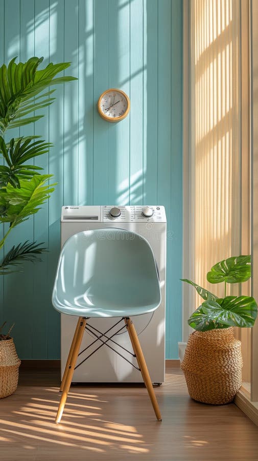 Cozy Laundry Area with Light Blue Walls, Indoor Plants, and a Washing ...