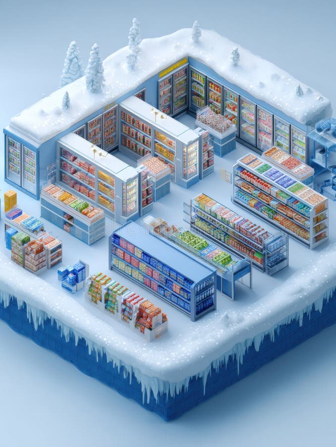 Organized Frozen Food Section in a Bright Supermarket Layout with Icy ...