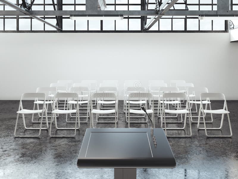 Bright Lecture Room with Rostrum and Microphone. 3d Rendering Stock ...