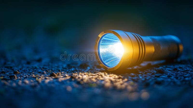 A Bright LED Flashlight Casts Blue Light Onto a Dark Surface ...