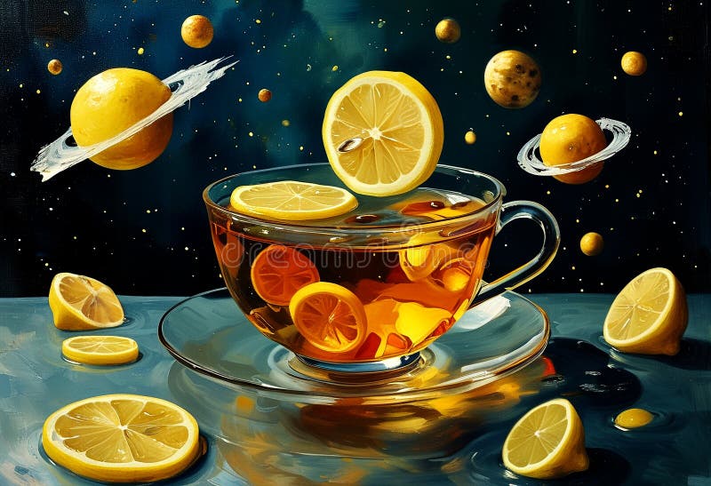 Celestial Tea Party with Citrus Slices and Planetary Wonders Floating ...