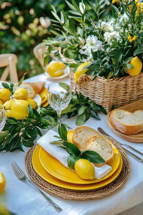 Bright Lemon-Themed Table Setting with Fresh Bread and Greenery in a ...