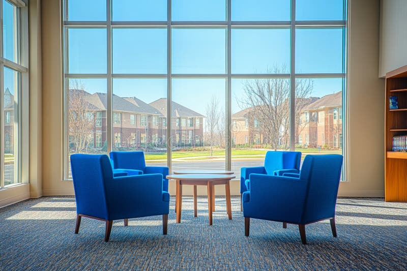 A Bright Library Characterized by Large Windows, Numerous Bookshelves ...