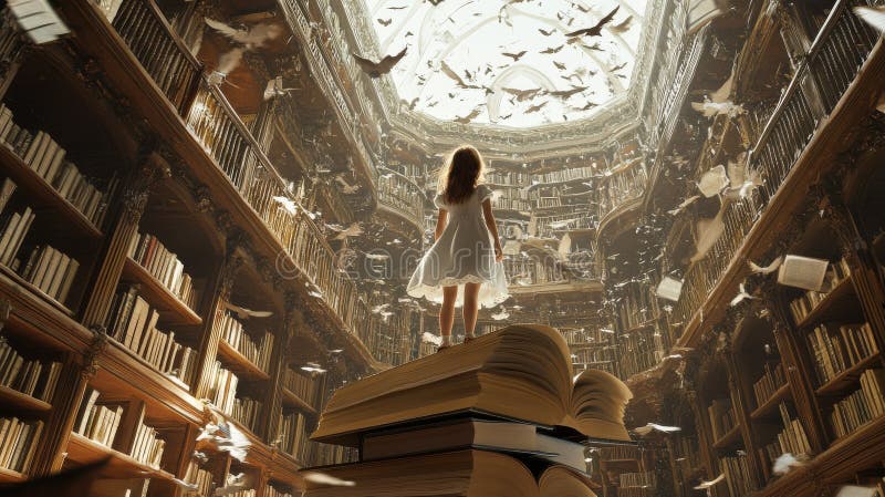 Bright Library with a Child on a Stack of Books Stock Photo - Image of ...