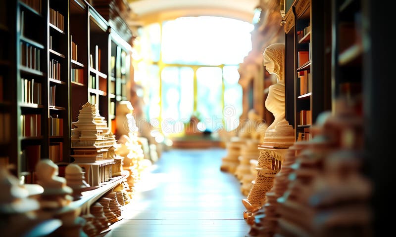 Bright Library Hallway Filled with Statues and Books Bathed in Sunlight ...