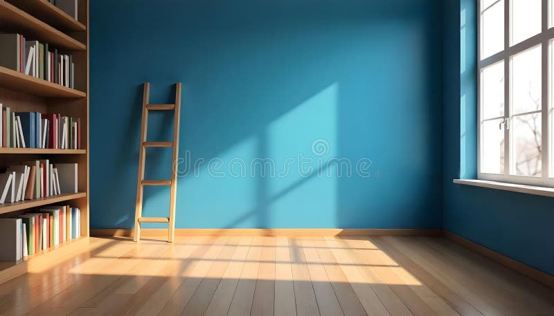 A Bright Library Interior with a Wooden Ladder, a Bookshelf, and a ...