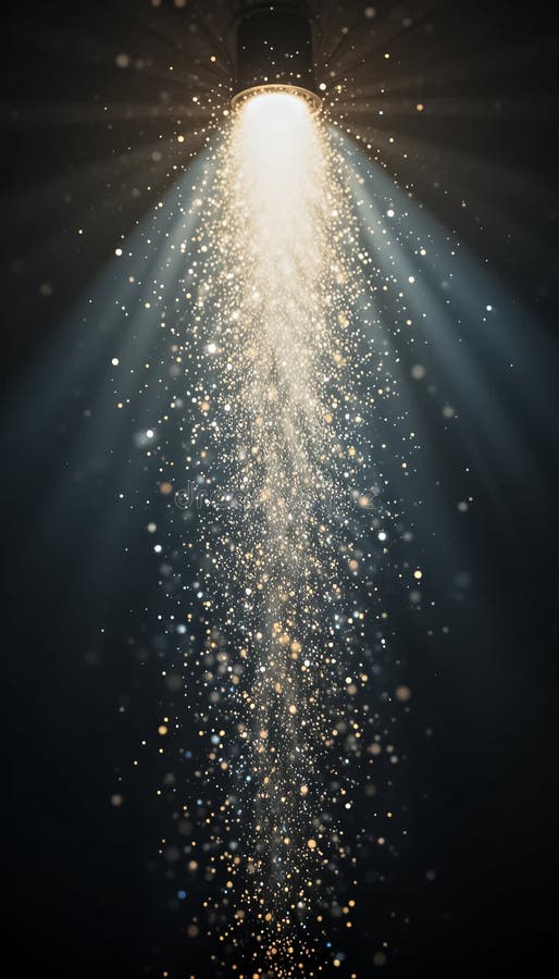Bright Light Beam with Shimmering Particles on Dark Background. Golden ...