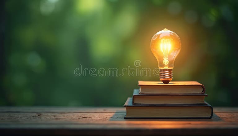 Bright Light Bulb on Books Stack Shines. Concept of Knowledge, Learning ...
