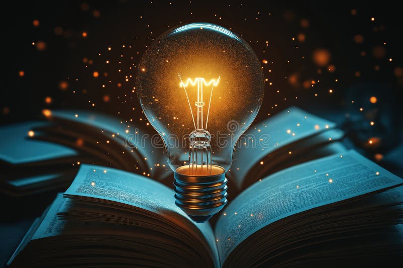 Bright Light Bulb Emerging from Open Book Symbolizing Knowledge and ...