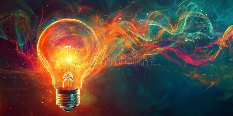 Bright Light Bulb Emitting Vibrant Colors in a Swirling Abstract ...