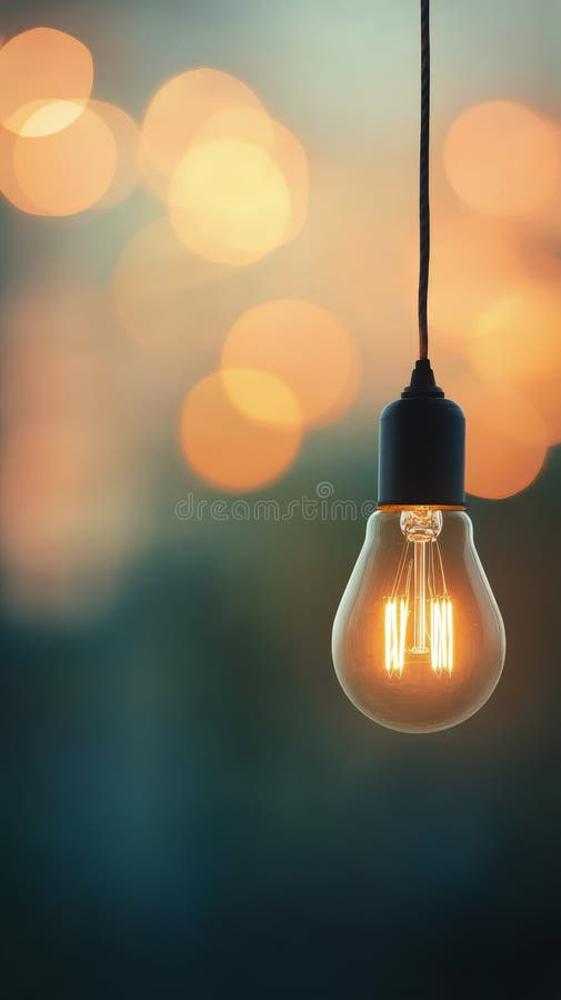 Bright Light Bulb Hangs Against a Backdrop of Soft Bokeh Lights during ...